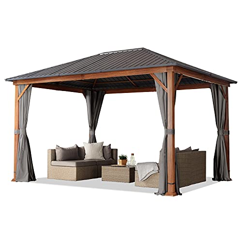 TOOLPORT Garden gazebo 3x4 m wood finish, steel roof hardtop 4 side pa ...